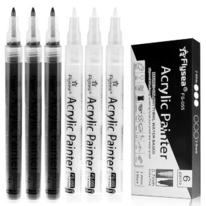 black paint pens, 6 pack 0.7mm acrylic black permanent marker ,white paint pens for rock painting, stone,wood, plastic, ceramic, glass, metal canvas, paper, water-based extra fine point