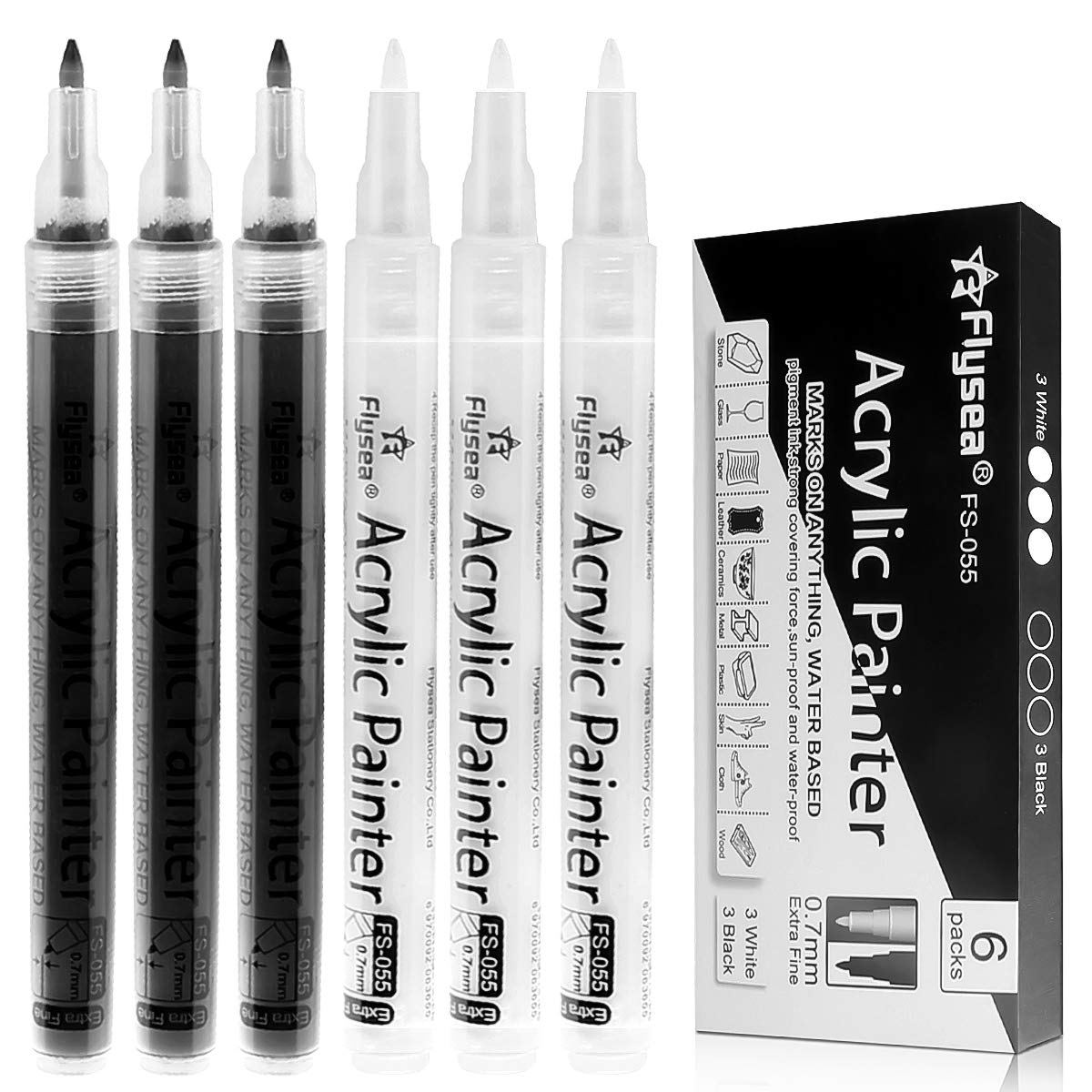 Black Paint Pens, 6 Pack 0.7mm Acrylic Black Permanent Marker ,White Paint Pens for Rock Painting, Stone,Wood, Plastic, Ceramic, Glass, Metal Canvas, Paper, Water-based Extra Fine Point