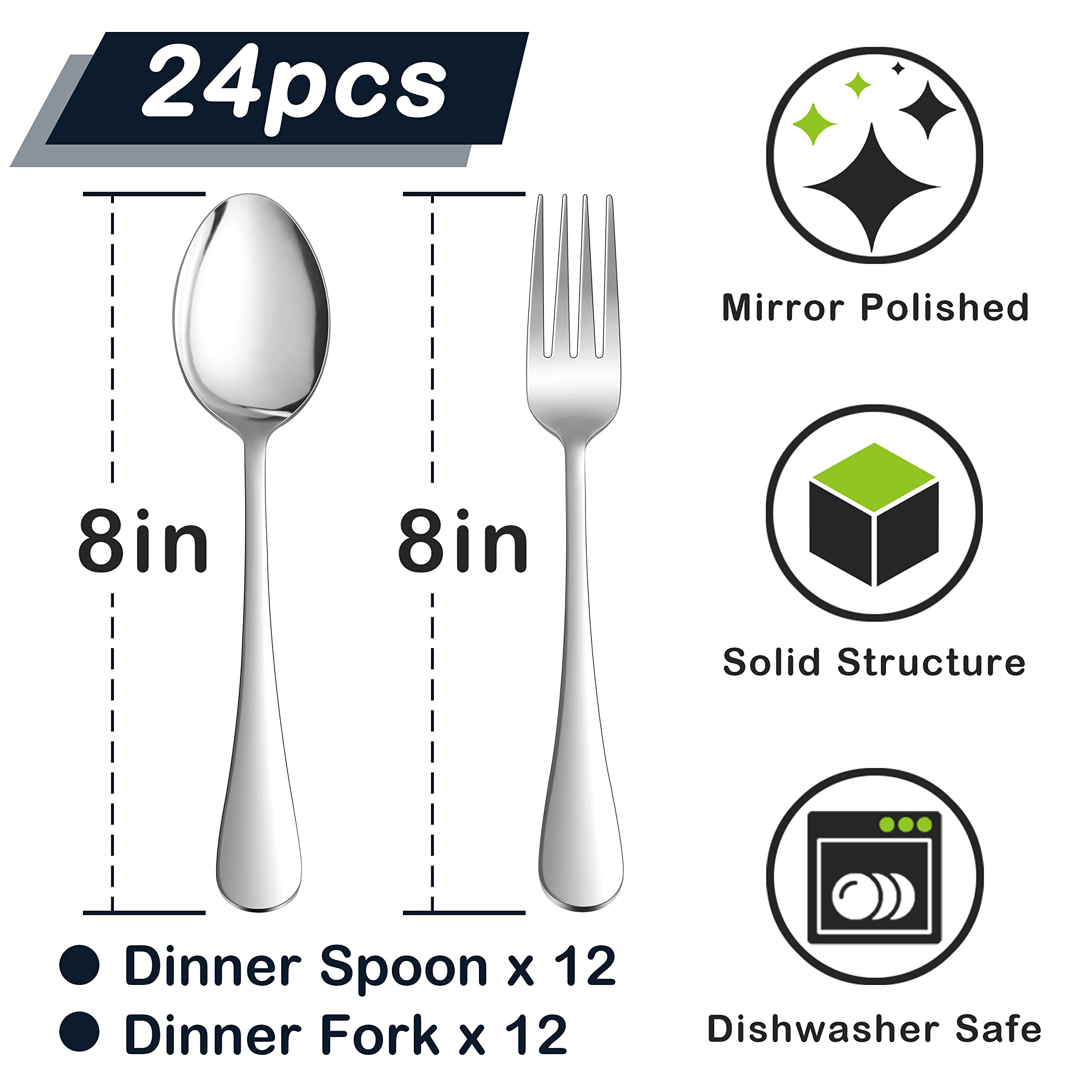 24-piece Forks and Spoons (8 Inches) Silverware Set, HaWare 18/0 Stainless Steel Serving Flatware Cutlery Set for Home, Kitchen and Restaurant, Mirror Polished, Dishwasher Safe