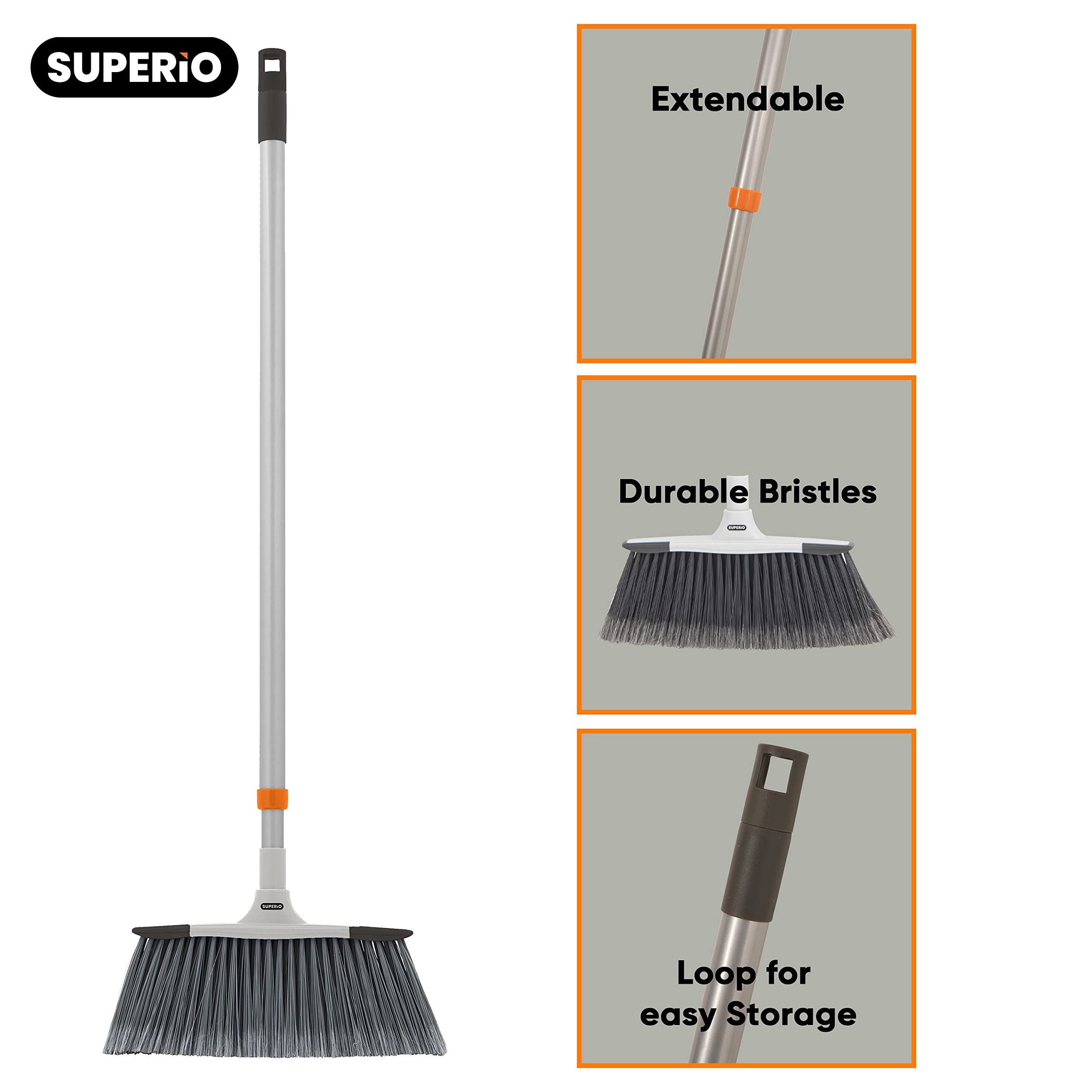 Slim Angle Broom, Heavy Duty Broom, Indoor Brom, Outdoor Angle Broom with Extendable Handle, Durable Collapsible Broom for Home, Kitchen, RV, Travel, Grey, 1 Pack, by Superio