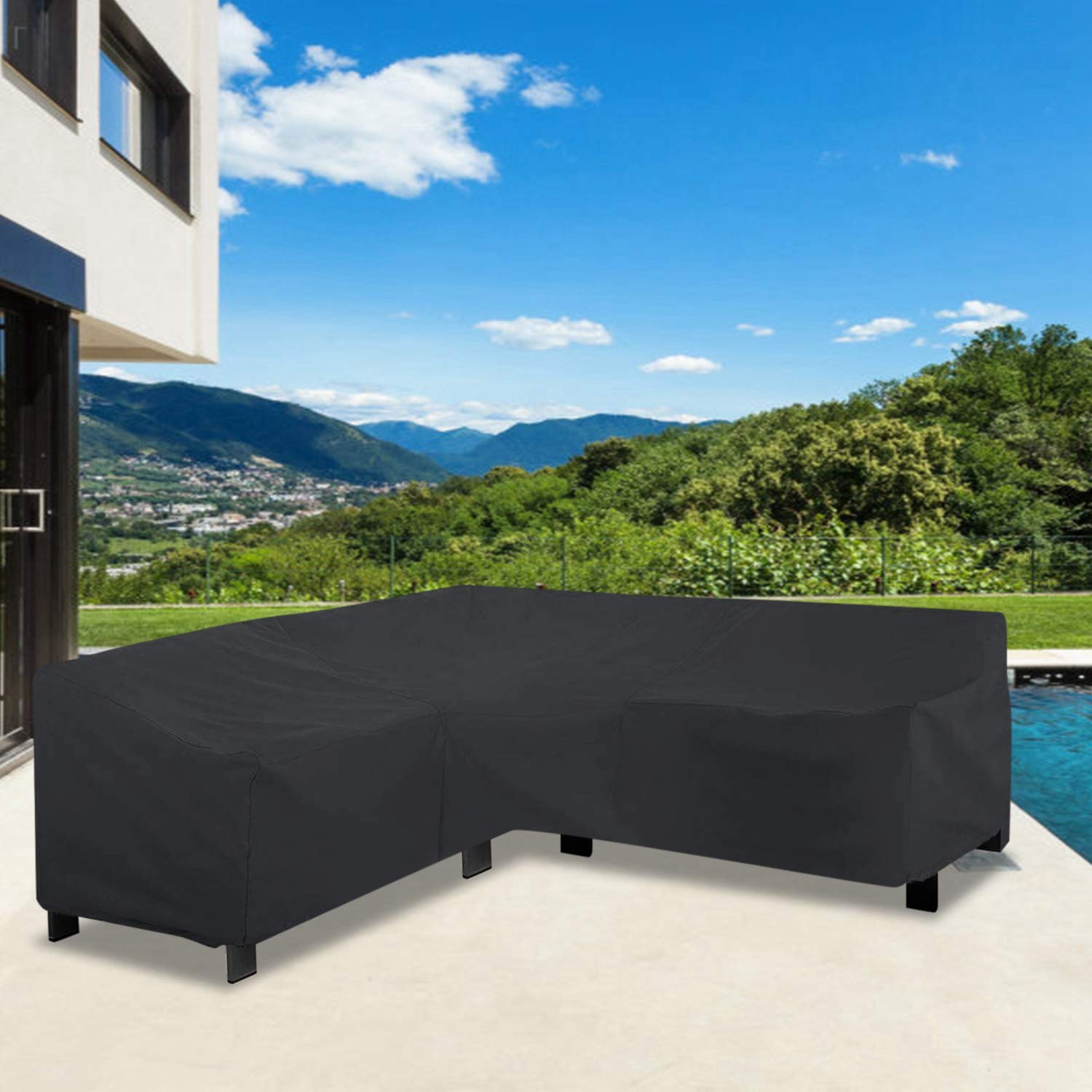 COOSOO Patio Sofa Cover Sectional Waterproof L Shape Corner Sofa Cover Outdoor Dust-Proof Anti-UV Furniture Couch Cover for Lawn Garden Yard Indoor with Windproof Buckle Extra Large Black