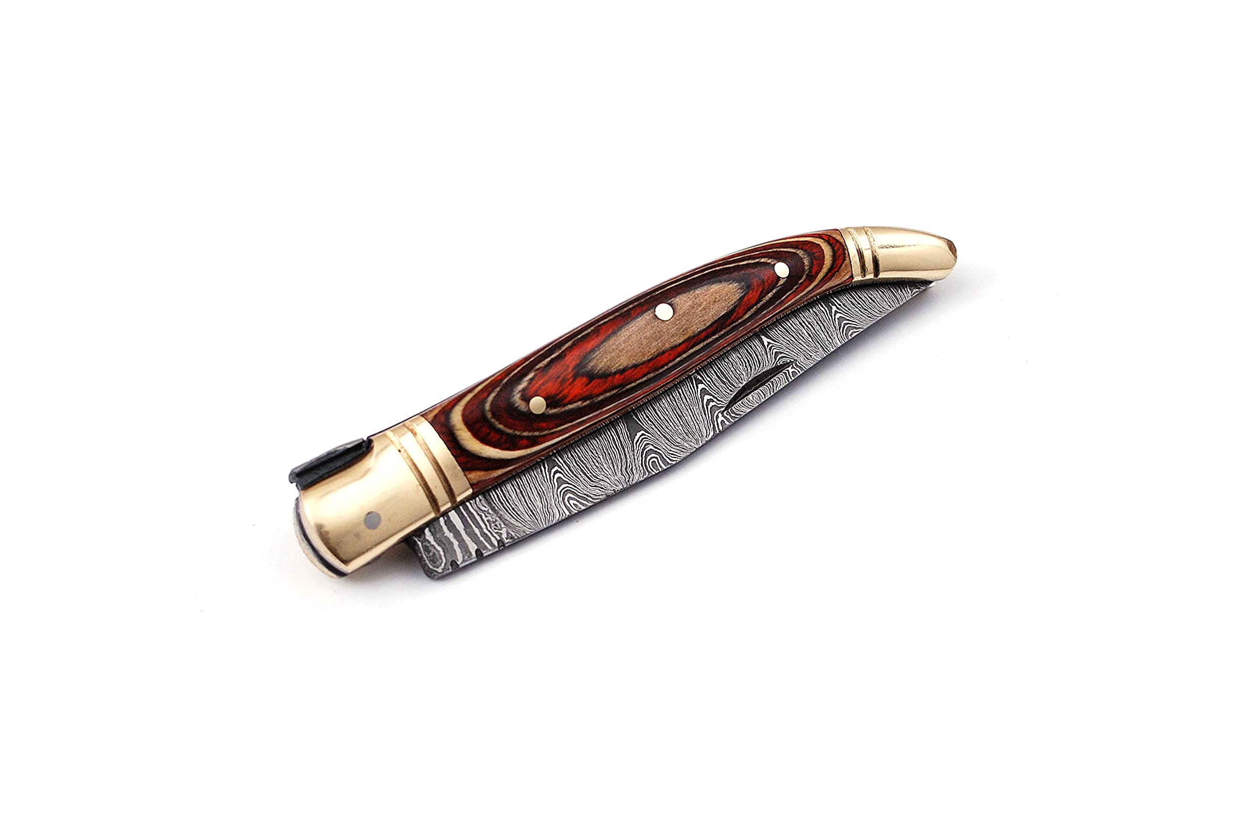 Damascus steel folding knife with leather sheath, 8.5 inches long laguiole pocket knife with 4 inches long Damascus steel Blade, 4.5 inches multi color wood scale with Brass bolster and pommel, Leather sheath included (Brown)