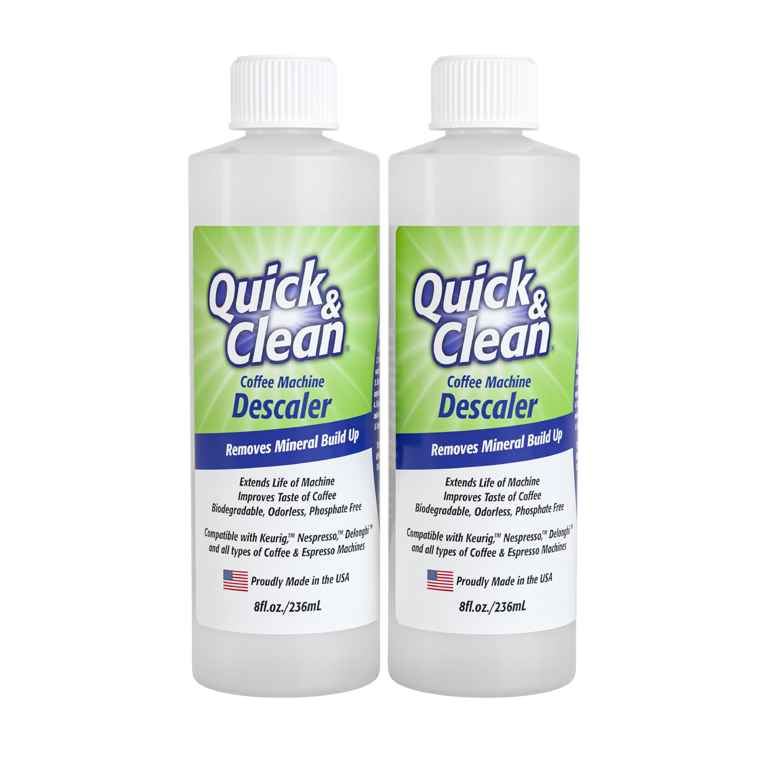 Quick & Clean 2-Pack Descaler (4 Total Uses) - Made in the USA - Descaling Solution for Keurig, Nespresso, Ninja, Delonghi, Coffee and Espresso Machines