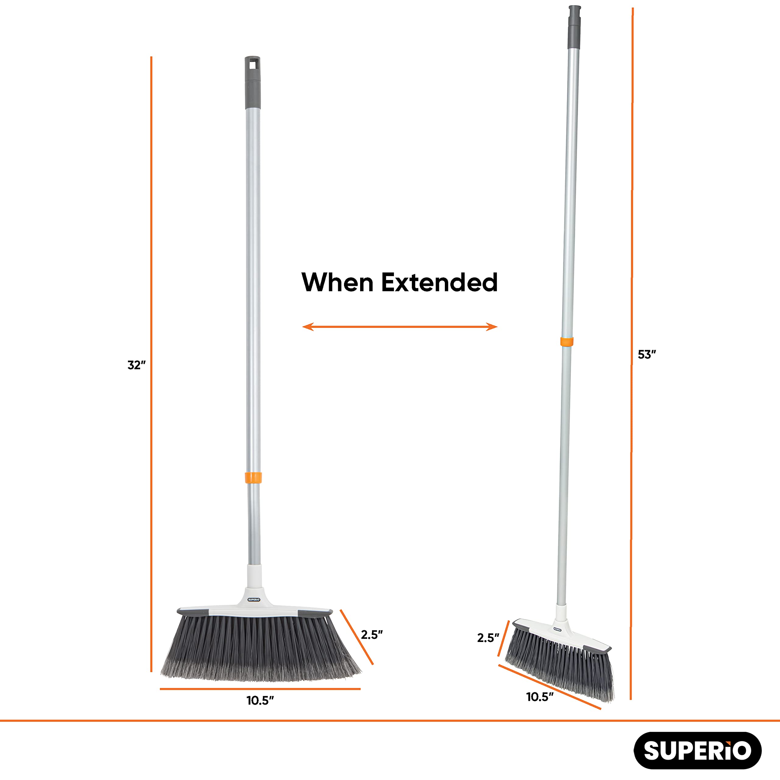 Slim Angle Broom, Heavy Duty Broom, Indoor Brom, Outdoor Angle Broom with Extendable Handle, Durable Collapsible Broom for Home, Kitchen, RV, Travel, Grey, 1 Pack, by Superio