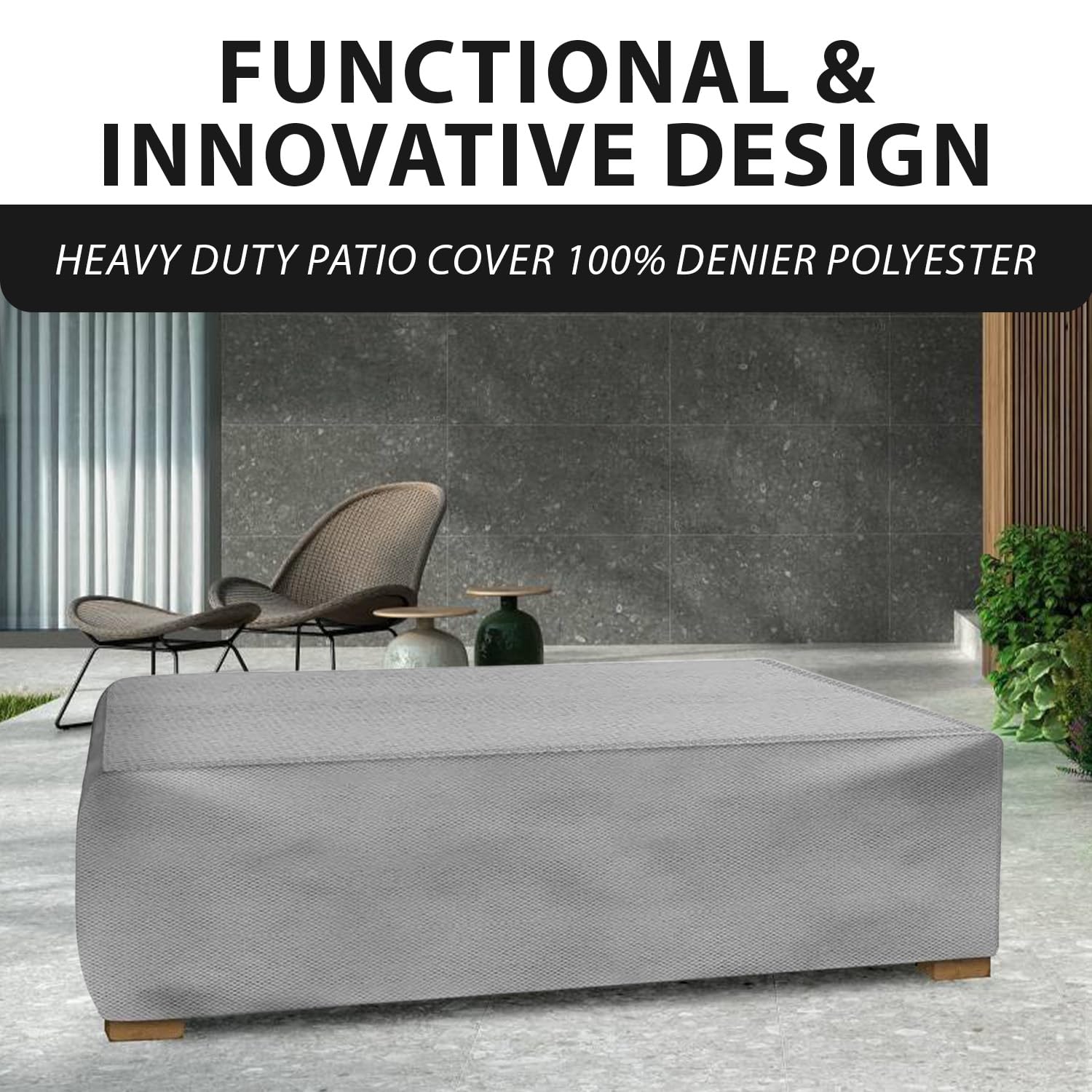 Large Slim Outdoor Ottoman or Coffee Table Cover - Outdoor Square Table Covers - Patio Ottoman Washable - Heavy Duty Furniture 50x26x20 Grey