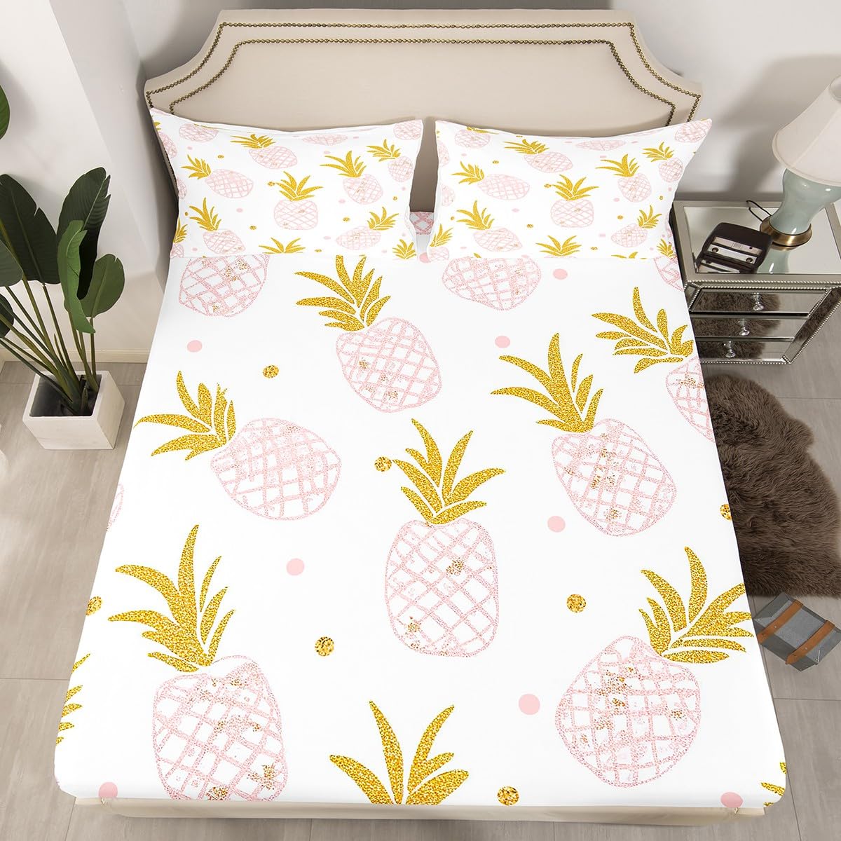 Feelyou Pineapple Sheet Set for Girls Kids Cute Pink Tropical Fruit Bedding Set Room Decorative Golden Polka Dots Bed Sheets Pineapple White Bed Sheet Set Twin Size 3Pcs Bed Set