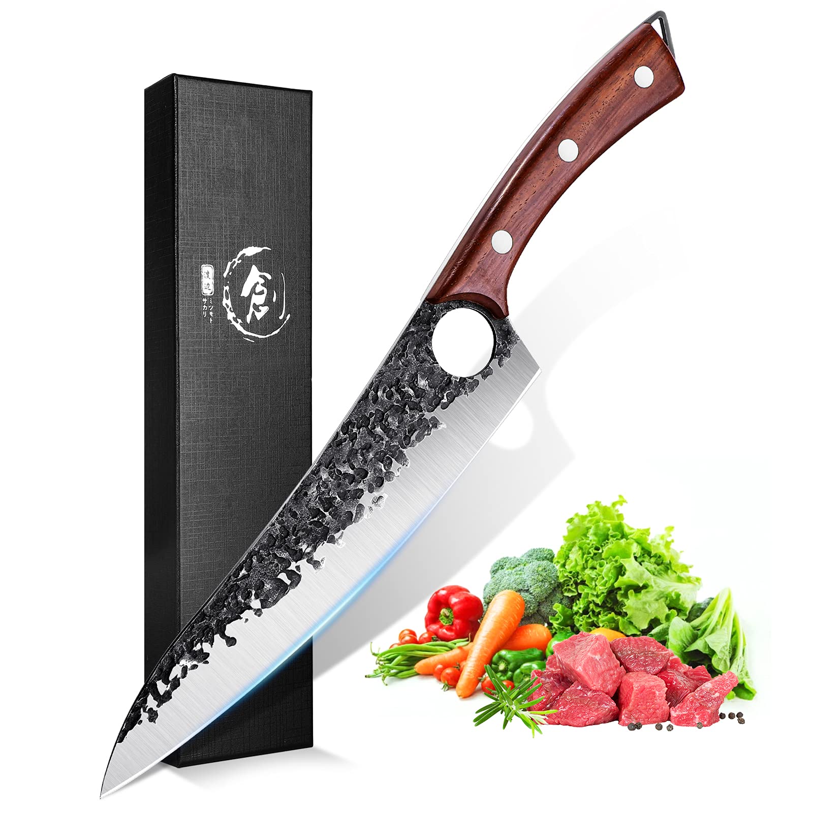 Purple Dragon Hand Forged Kitchen Knife 8 Inch Meat Butcher Full Tang Chef Knives High Carbon Steel Sharp Meat Cleaver Boning Knife with Gift Box for Slicing Fish Cutting Meat BBQ