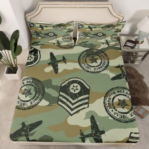 kids camo airplane bed sheet set camouflage airplane decor bedding sheets for teens boys military aircraft bedding fitted sheet novelty modern army green bed cover bedroom collection 2pcs twin size