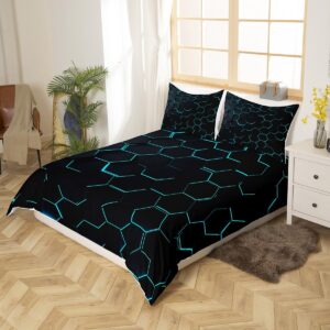 Honeycomb Hexagon Bedding Set,Geometry Duvet Cover for Kids Teen Boys Girls,Teal Neon Lights Comforter Cover Decorative Room,Modern Diamond Pattern Quilt Cover with 2 Pillowcases,Full Size