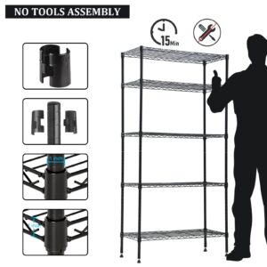 Wire Shelving Unit 5 Tier Shelving, Storage Unit Heavy Duty Metal Organizer Rack, Shelf Standing Without Wheels for Kitchen Bathroom Garage,14" D x 24" W x 60" L Black