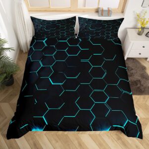 honeycomb hexagon bedding set,geometry duvet cover for kids teen boys girls,teal neon lights comforter cover decorative room,modern diamond pattern quilt cover with 2 pillowcases,full size