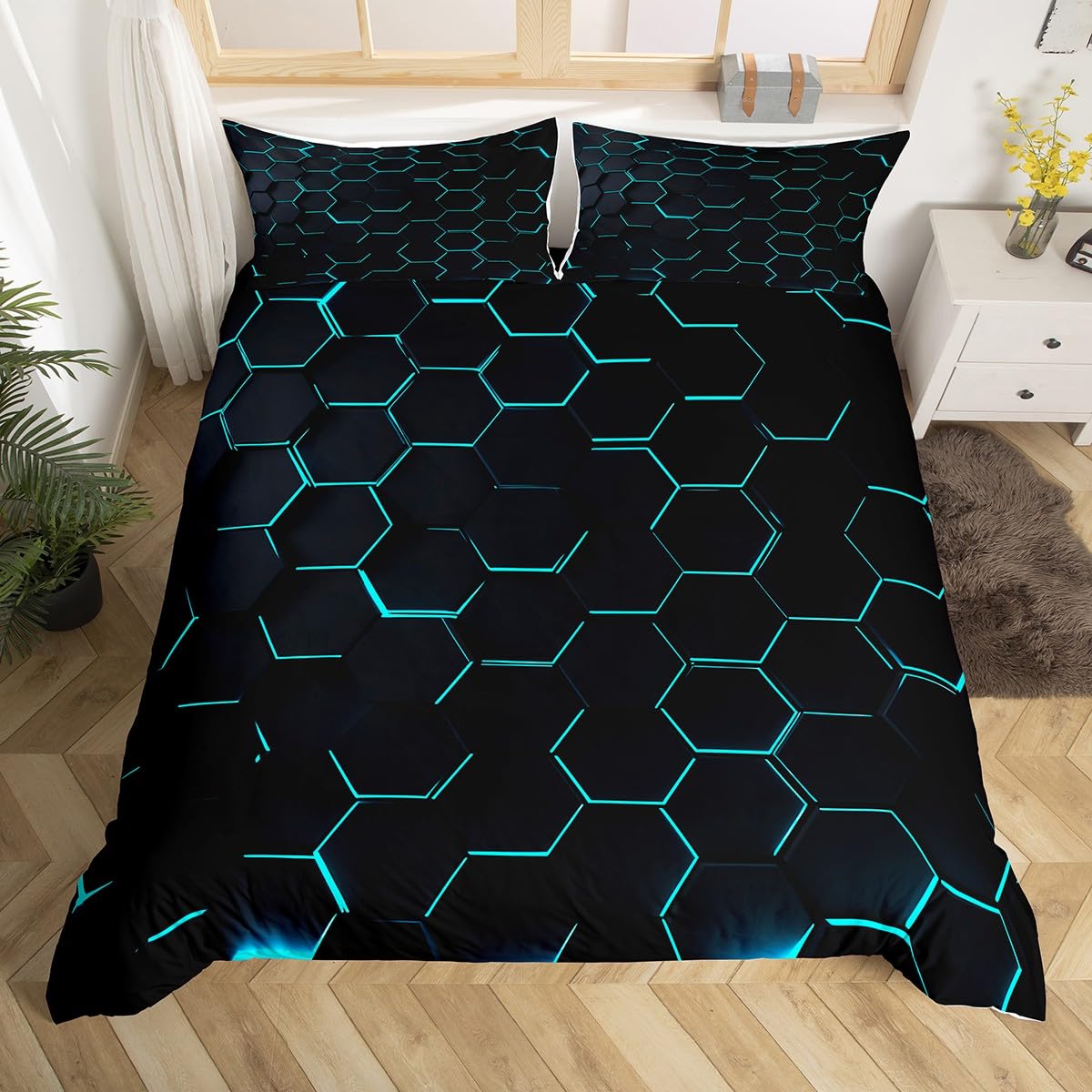 Honeycomb Hexagon Bedding Set,Geometry Duvet Cover for Kids Teen Boys Girls,Teal Neon Lights Comforter Cover Decorative Room,Modern Diamond Pattern Quilt Cover with 2 Pillowcases,Full Size