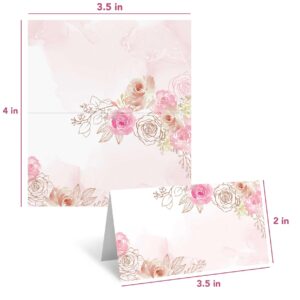 Pink Flower Place Cards for Table Setting, 2" x 3.5" Pack of 50 Floral Wedding Place Cards, Elegant Reception Name Cards, Rose Gold Wedding Decorations