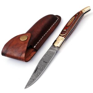 damascus steel folding knife with leather sheath, 8.5 inches long laguiole pocket knife with 4 inches long damascus steel blade, 4.5 inches multi color wood scale with brass bolster and pommel, leather sheath included (brown)