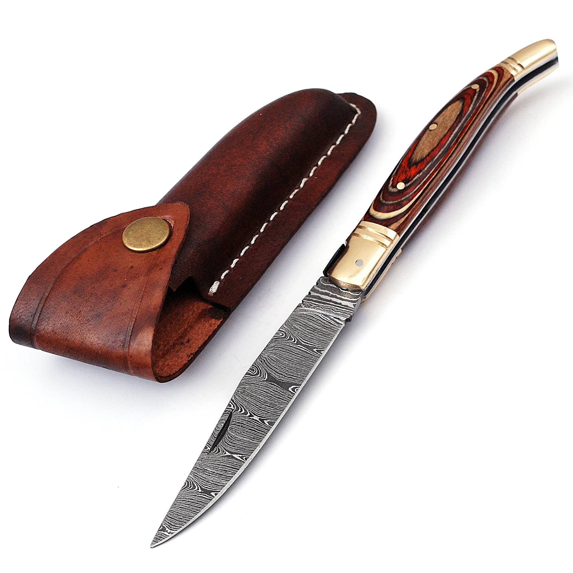 Damascus steel folding knife with leather sheath, 8.5 inches long laguiole pocket knife with 4 inches long Damascus steel Blade, 4.5 inches multi color wood scale with Brass bolster and pommel, Leather sheath included (Brown)