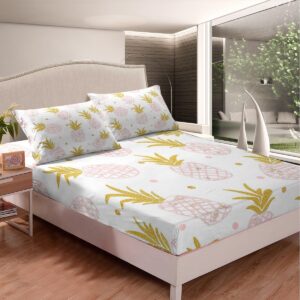 Feelyou Pineapple Sheet Set for Girls Kids Cute Pink Tropical Fruit Bedding Set Room Decorative Golden Polka Dots Bed Sheets Pineapple White Bed Sheet Set Twin Size 3Pcs Bed Set