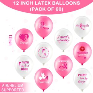 60 Pieces Breast Cancer Awareness Balloons Pink Ribbon Latex Balloons Round Party Printed Balloons with 2 Rolls Pink or White Ribbons for Pink Ribbon Party Decoration Supplies, 12 Inch, 10 Designs