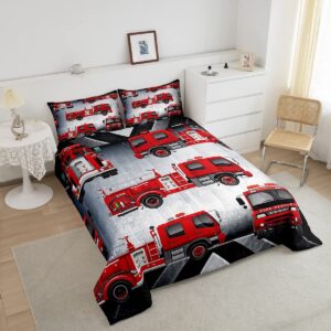 Manfei Fire Truck Comforter Set Twin Size Red Fire Engine Duvet Insert Cartoon Firemen Car Vehicle Bedding Set 2pcs for Kids Boys Teens Firefighter Transportation Dowm Comforter with 1 Pillowcase