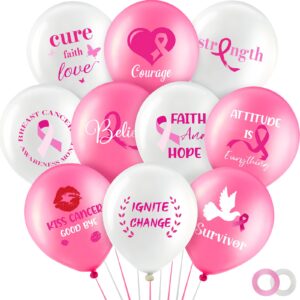 60 pieces breast cancer awareness balloons pink ribbon latex balloons round party printed balloons with 2 rolls pink or white ribbons for pink ribbon party decoration supplies, 12 inch, 10 designs