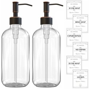 sunrise premium 2 pack clear glass soap dispenser 16 oz with oil rubbed bronze stainless steel pump, hand and dish soap dispenser set for bathroom and kitchen sink with 6 waterproof labels