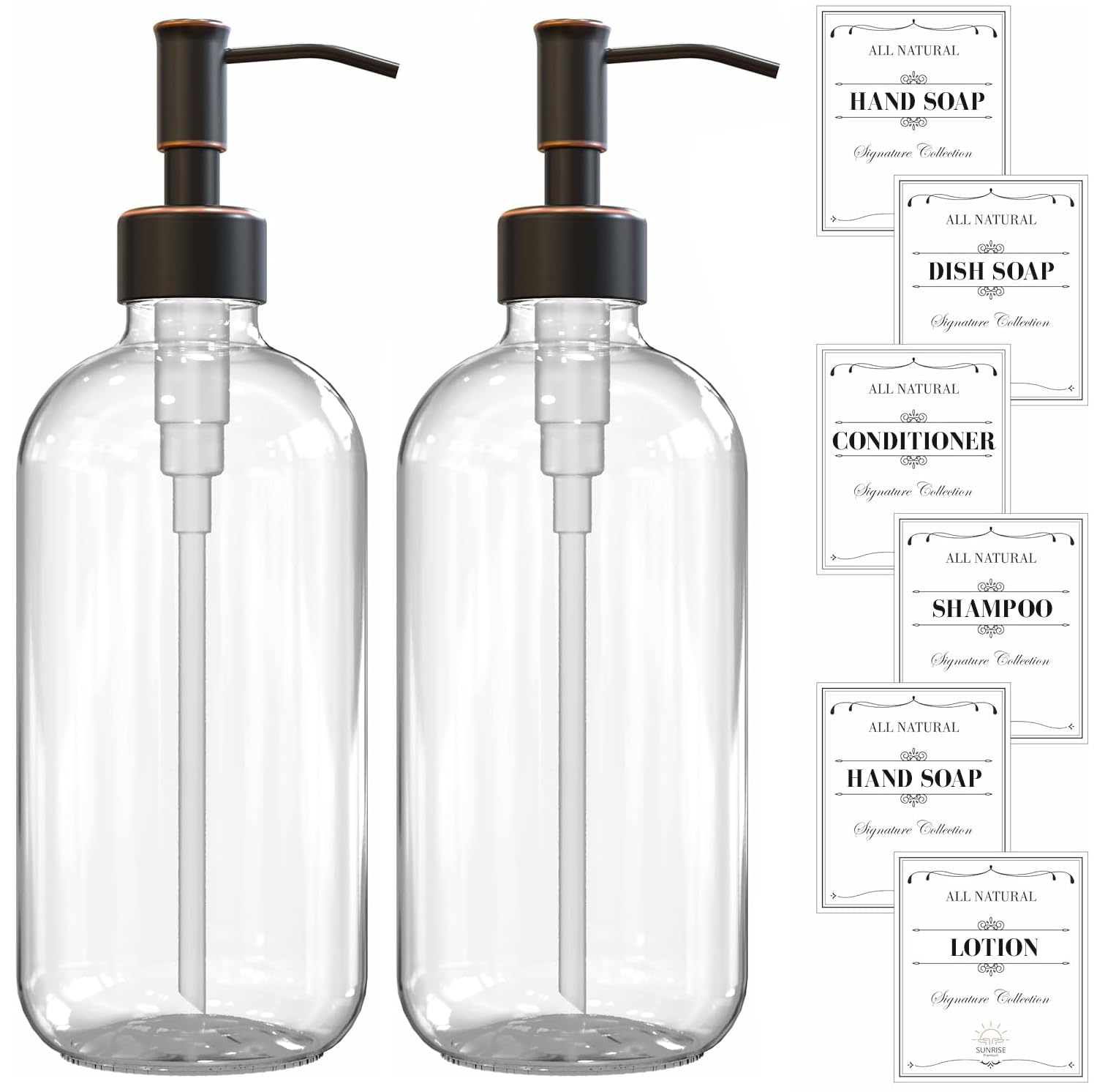 Sunrise Premium 2 Pack Clear Glass Soap Dispenser 16 OZ with Oil Rubbed Bronze Stainless Steel Pump, Hand and Dish Soap Dispenser Set for Bathroom and Kitchen Sink with 6 Waterproof Labels