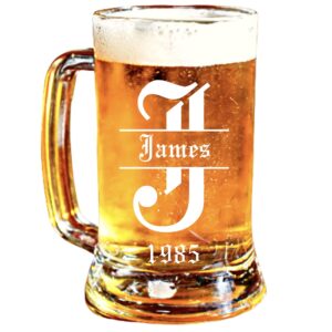 personalized 16.oz beer mug | sports letter design | clear glass | custom made | perfect for wedding gifts, anniversaries, birthday gifts, or graduation