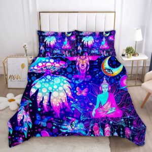 spiritual buddha meditation duvet cover set trippy mushroom colorful boho bedding sets, full size 1 duvet cover+2 pillowcases1