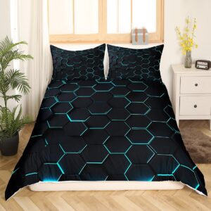 Honeycomb Hexagon Bedding Set,Geometry Duvet Cover for Kids Teen Boys Girls,Teal Neon Lights Comforter Cover Decorative Room,Modern Diamond Pattern Quilt Cover with 2 Pillowcases,Full Size