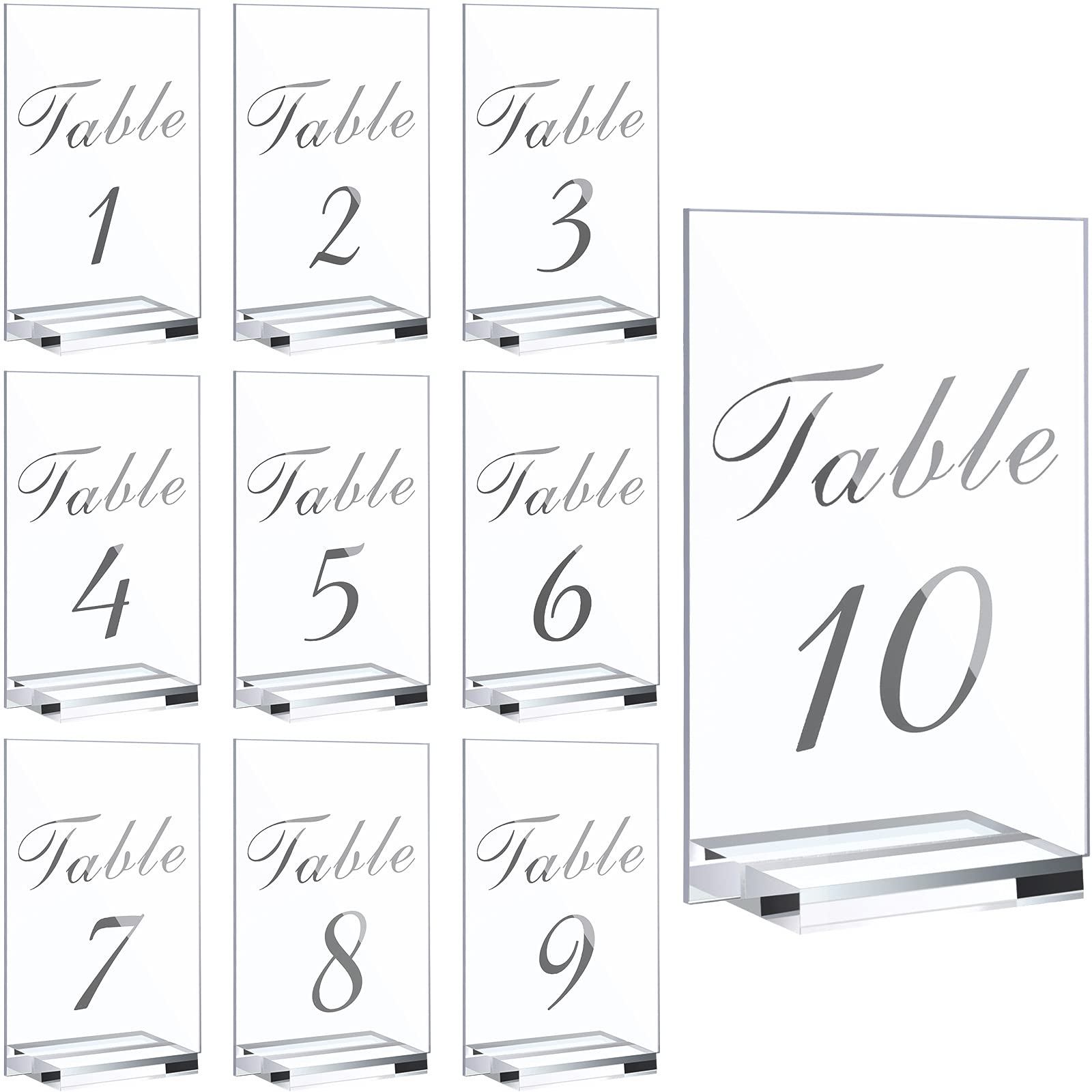 Quzzil 10 Pcs Wedding Table Numbers 1-10 with Stand, Acrylic Wedding Place Card Clear Printed Number Sign Wedding Table Number Holder for Wedding Reception Restaurants Party Dinners Decor(Rectangle)