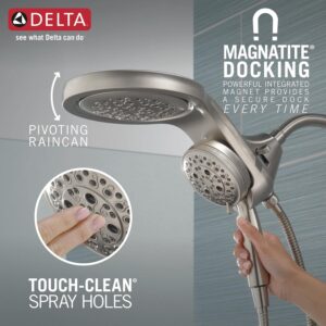 Delta Faucet HydroRain 5-Spray H2Okinetic Dual Shower Head with Handheld Spray, Brushed Nickel Shower Head with Hose, Handheld Shower Head, 2.5 GPM Flow Rate, Lumicoat Stainless 58680-SS-PR25