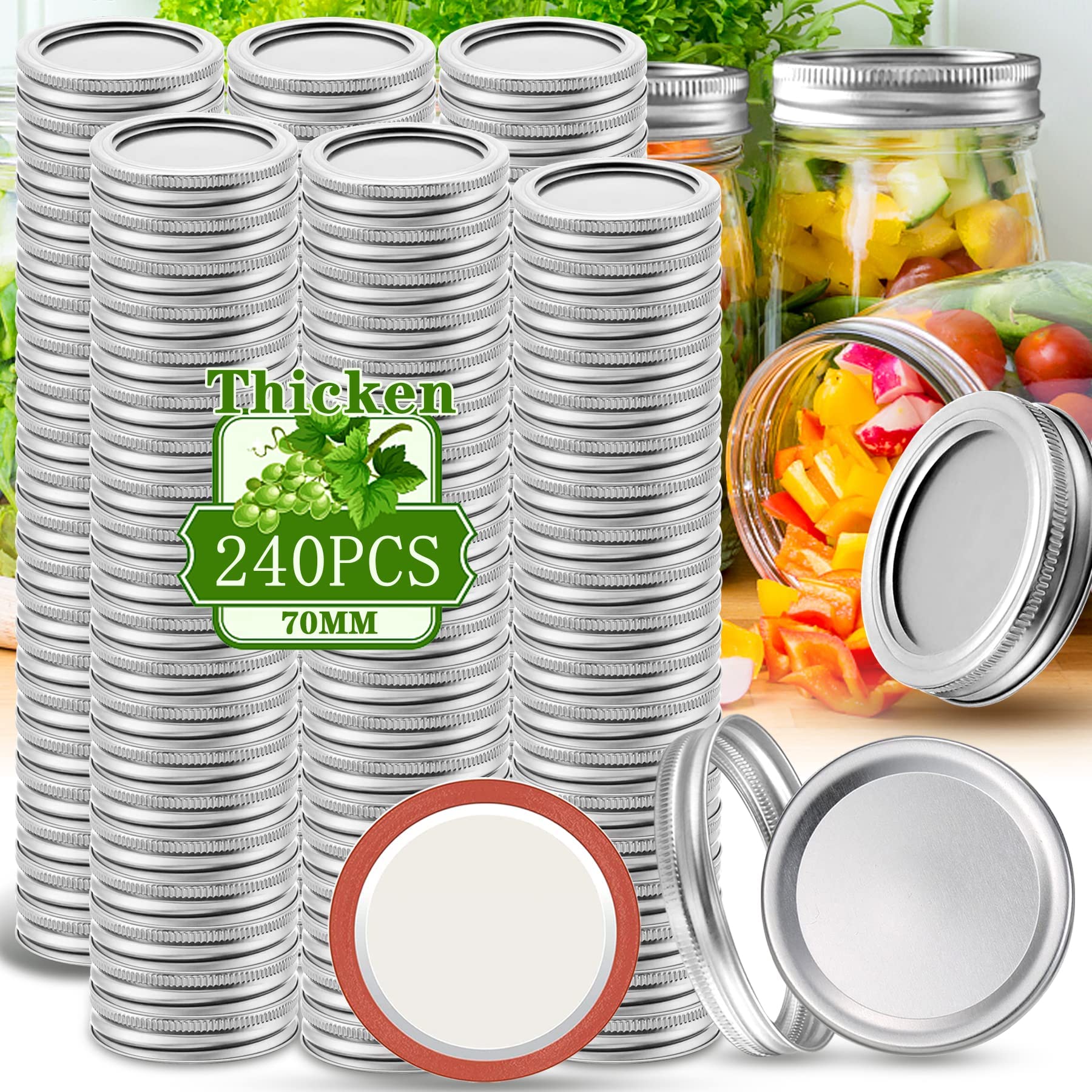 SLifeJars Canning Lids and Rings Regular Mouth,240 Pcs 70MM Mason Jar Lids and Rings Set for Regular Mouth Canning,Split-type Lids with Silicone Seals Rings Leak Proof and Secure for Regular Mason Jar