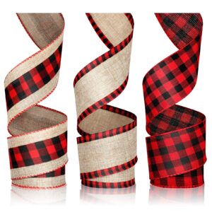 jutom 3 rolls christmas buffalo plaid ribbon burlap wired edge plaid ribbons christmas wrapping ribbon for christmas crafts diy bows xmas home party wrapping 2.53 inch x 6 yards(red and black)