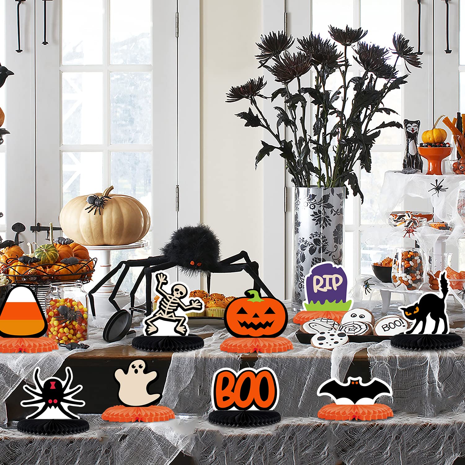 LINGTEER Happy Halloween Table Honeycomb Centerpieces - 9 pcs Funny Halloween Party Boo Ghost Table Decorations Sign.