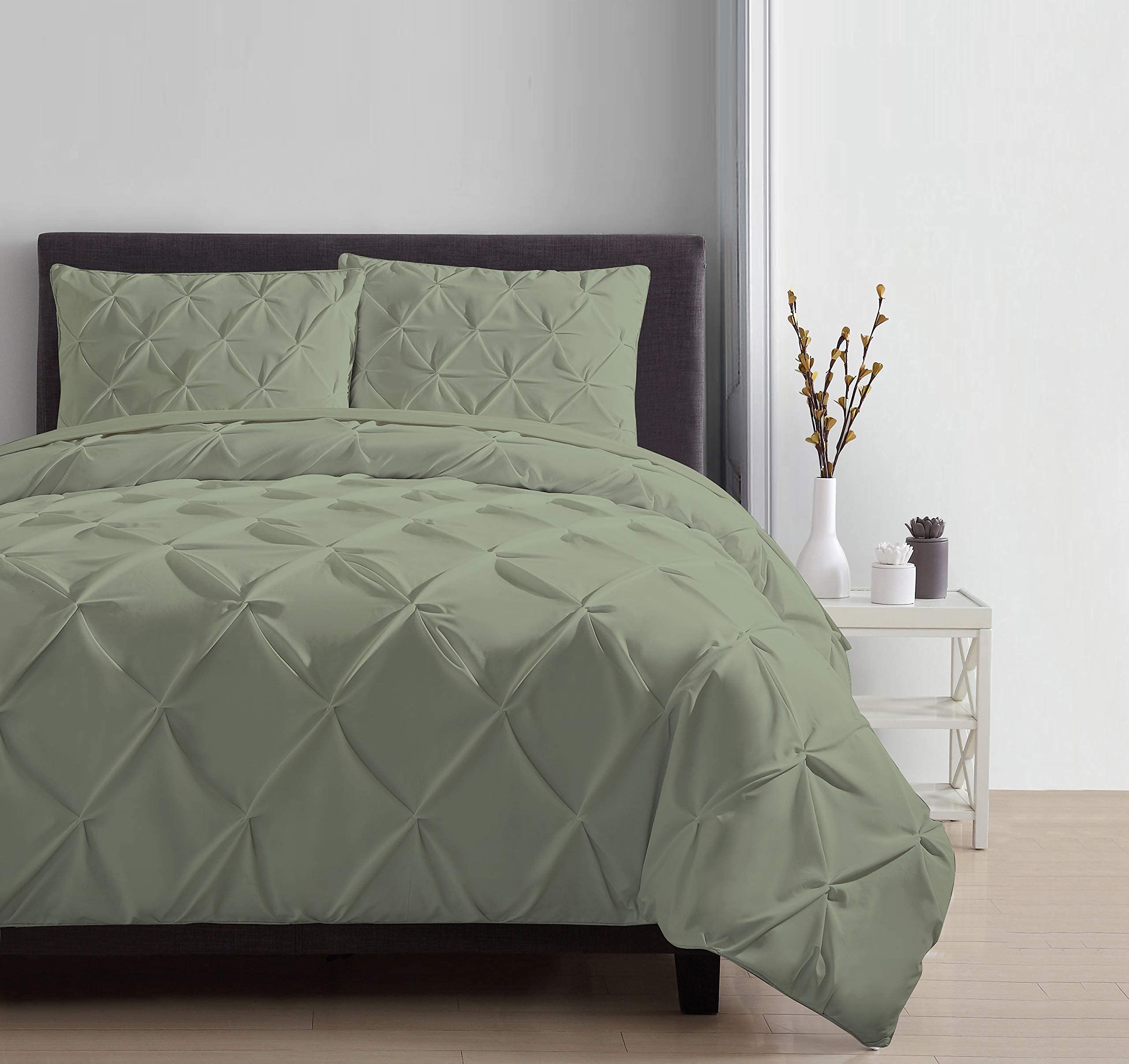 Pinch Pleated Duvet Cover Sage Pinch 3 Piece Duvet Cover King/California King Size (94" x 104") Inch 100% Cotton 800 TC with Zipper Closure & Corner Ties for Luxury Duvet Cover