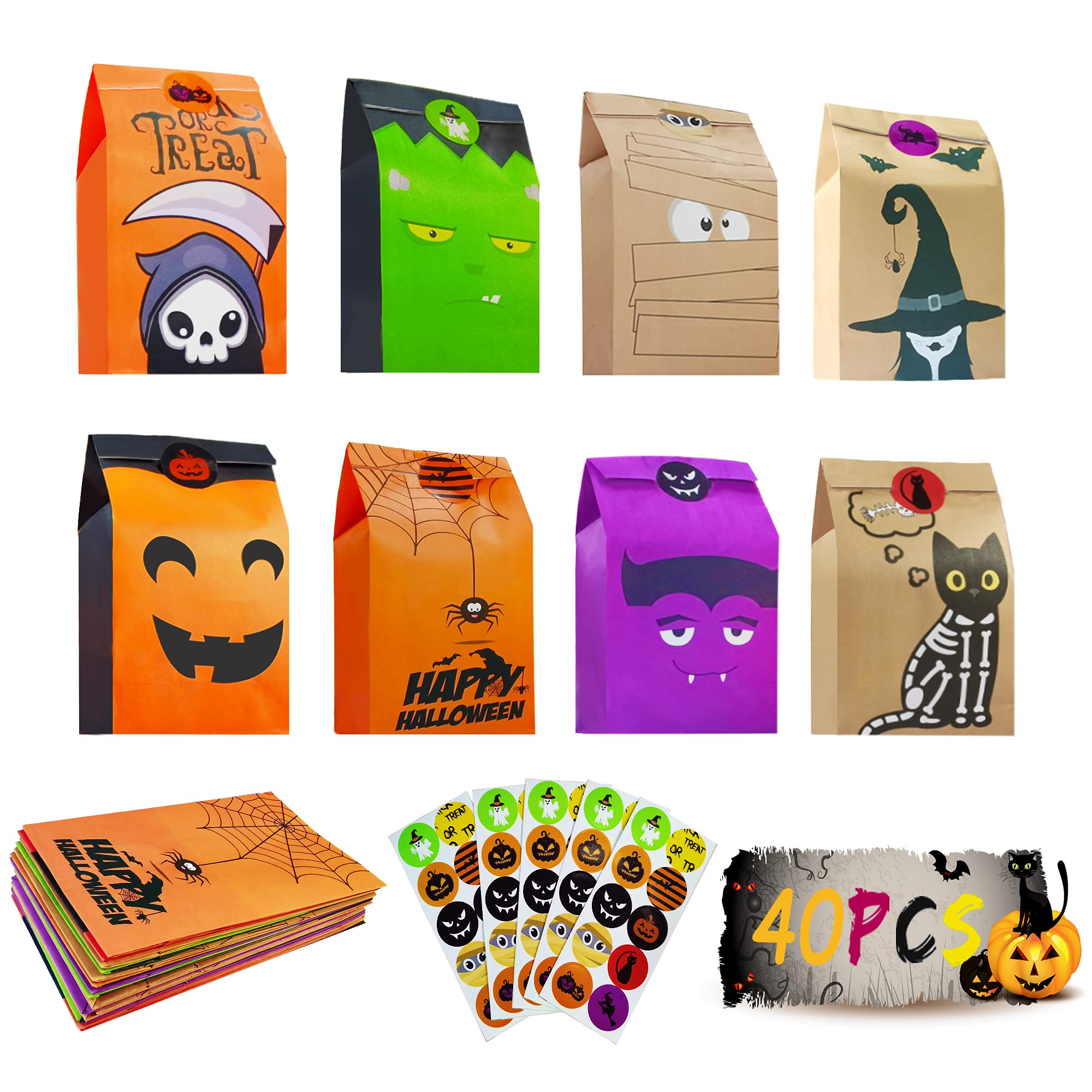 ULXAODB Halloween Trick or Treat Goody Bags, 40Pcs Treat Goodie Bags,8 Styles Treat Bags Bulk Party Favors with 50 Pieces Stickers for Halloween Party Supplies