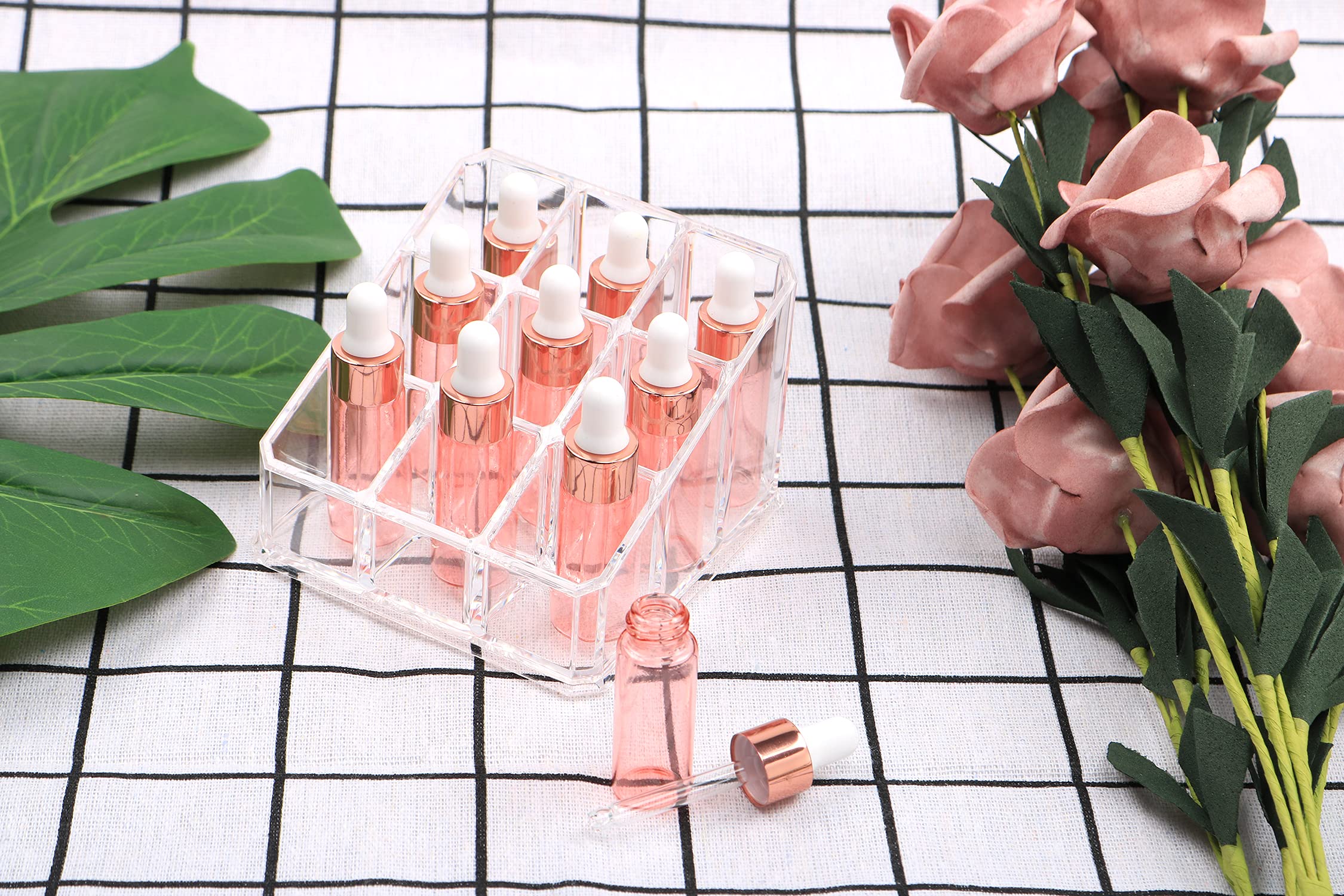 Furnido 35 Pack,1/6 oz(5ml) Pink Essential Oils Dropper Bottle,Empty Glass Sample Vials with Glass Tube,Rose-Golden Caps For Travel,Perfume Aromatherapy Liquid Container-Dropper&Funnel Included