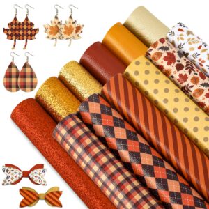 whaline fall faux leather sheets 8 x 12 inch plaids stripe maple leaves synthetic leather fabric glittery orange red gold faux leather for autumn harvest thanksgiving diy craft earring hair bow, 12pcs