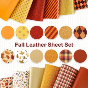 Whaline Fall Faux Leather Sheets 8 x 12 Inch Plaids Stripe Maple Leaves Synthetic Leather Fabric Glittery Orange Red Gold Faux Leather for Autumn Harvest Thanksgiving DIY Craft Earring Hair Bow, 12Pcs