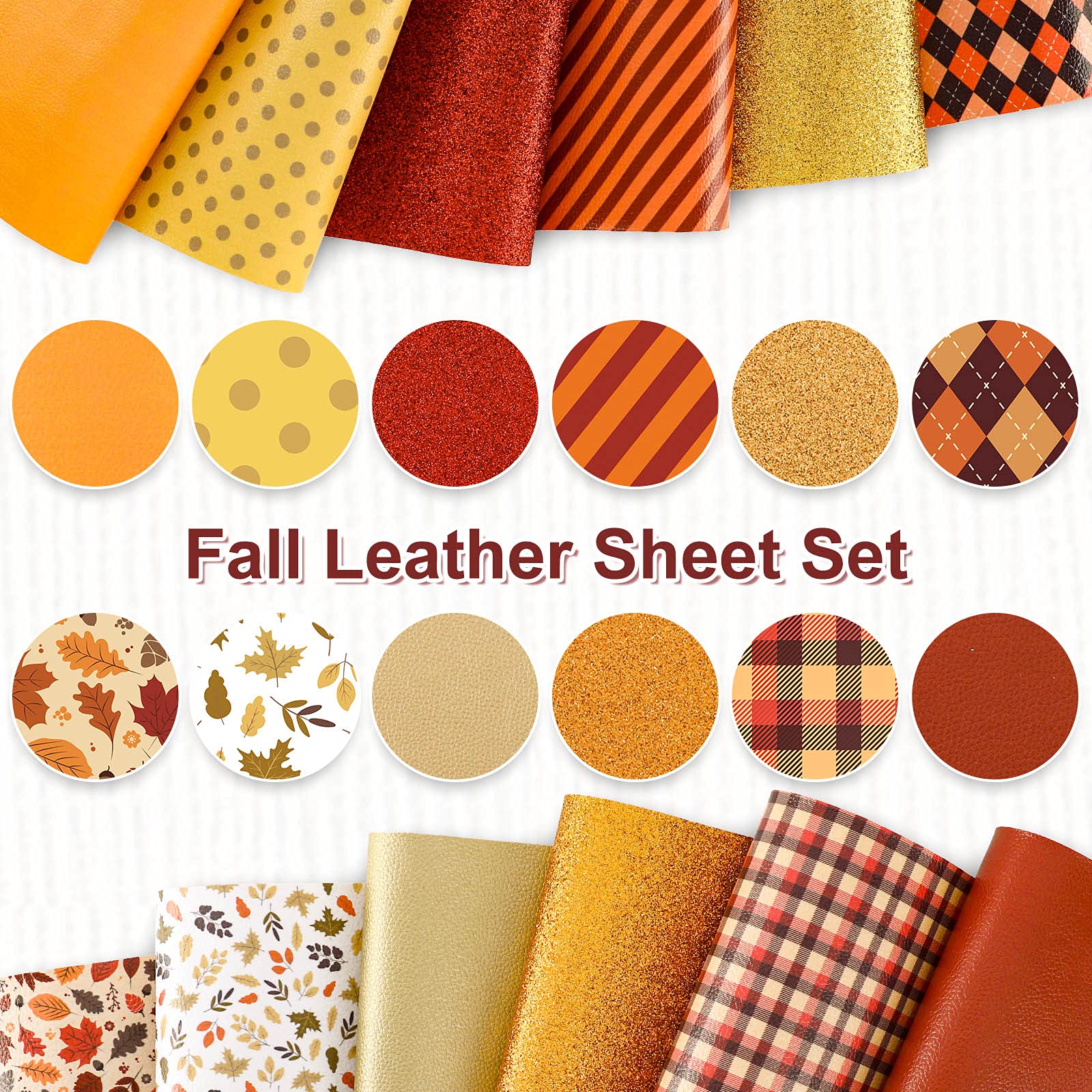 Whaline Fall Faux Leather Sheets 8 x 12 Inch Plaids Stripe Maple Leaves Synthetic Leather Fabric Glittery Orange Red Gold Faux Leather for Autumn Harvest Thanksgiving DIY Craft Earring Hair Bow, 12Pcs