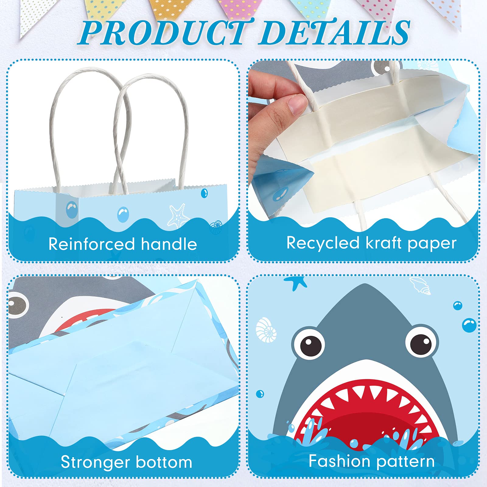 16 Pieces Shark Party Bags with Paper Twist Handles, Blue Shark Theme Candy Goodie Bags Present Bags for Kids Summer Ocean Sea Baby Shower Birthday Party Supplies, 6.3 x 3.1 x 8.7 Inch