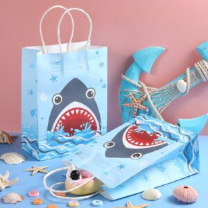 16 Pieces Shark Party Bags with Paper Twist Handles, Blue Shark Theme Candy Goodie Bags Present Bags for Kids Summer Ocean Sea Baby Shower Birthday Party Supplies, 6.3 x 3.1 x 8.7 Inch