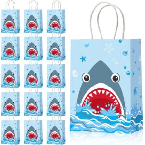 16 pieces shark party bags with paper twist handles, blue shark theme candy goodie bags present bags for kids summer ocean sea baby shower birthday party supplies, 6.3 x 3.1 x 8.7 inch