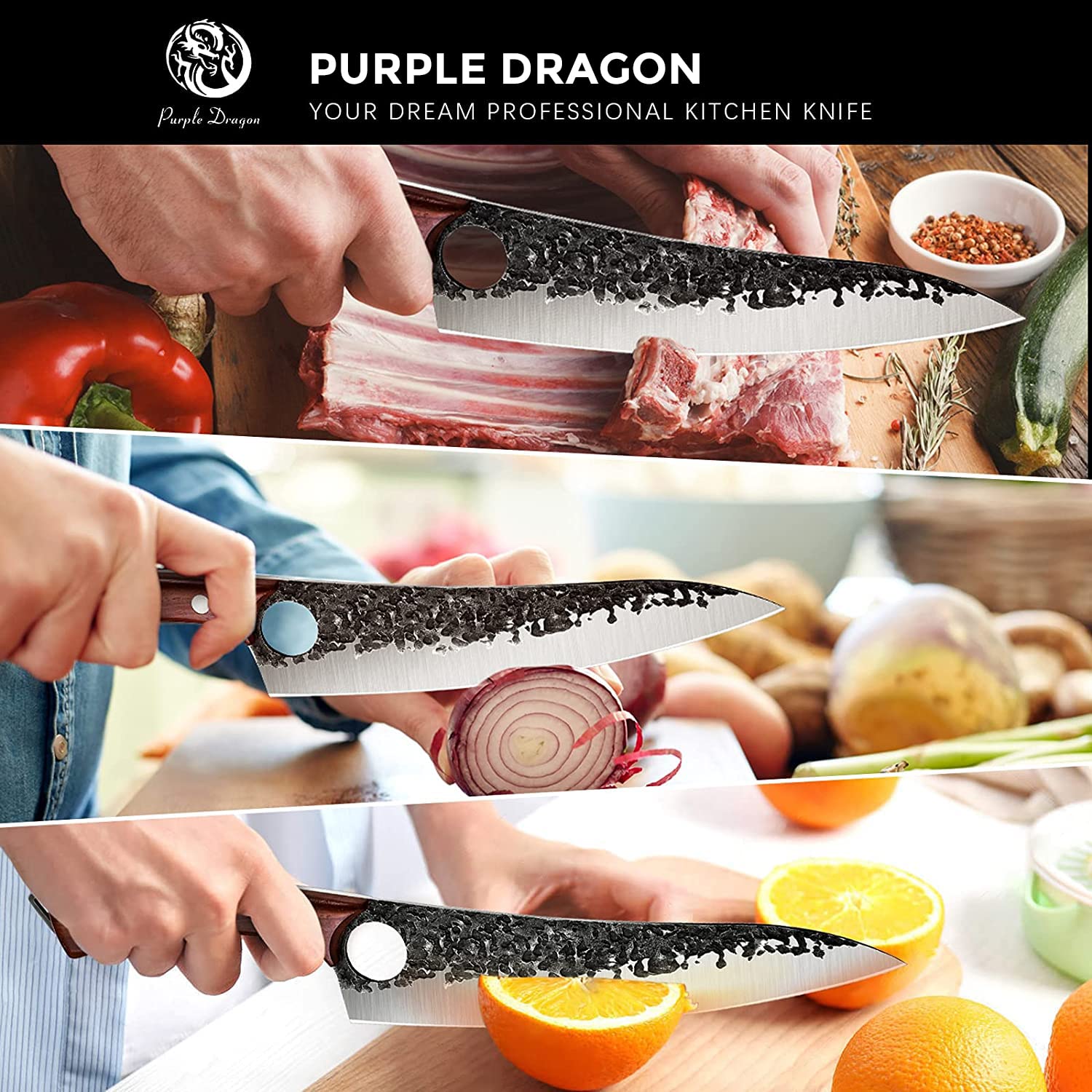 Purple Dragon Hand Forged Kitchen Knife 8 Inch Meat Butcher Full Tang Chef Knives High Carbon Steel Sharp Meat Cleaver Boning Knife with Gift Box for Slicing Fish Cutting Meat BBQ