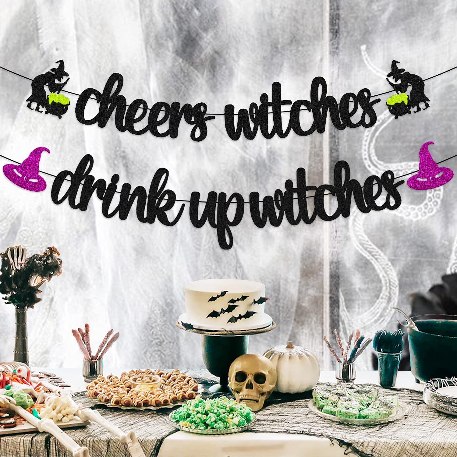 Halloween Witches Banner Ghost Bat Witches Theme Bachelorette Wedding Engagement Bridal Shower Let’s Party Witches Party Supplies Glitter Decorations