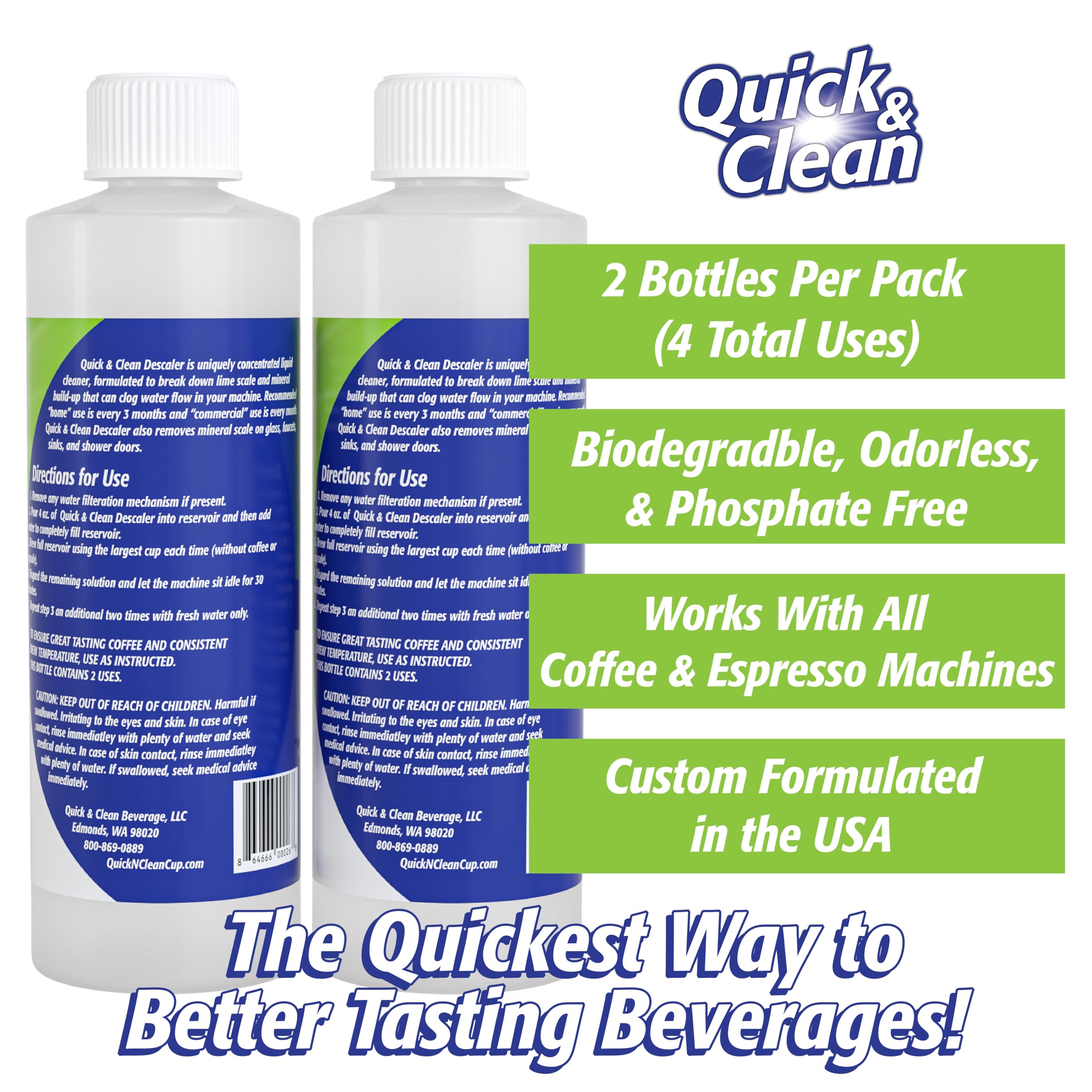 Quick & Clean 2-Pack Descaler (4 Total Uses) - Made in the USA - Descaling Solution for Keurig, Nespresso, Ninja, Delonghi, Coffee and Espresso Machines