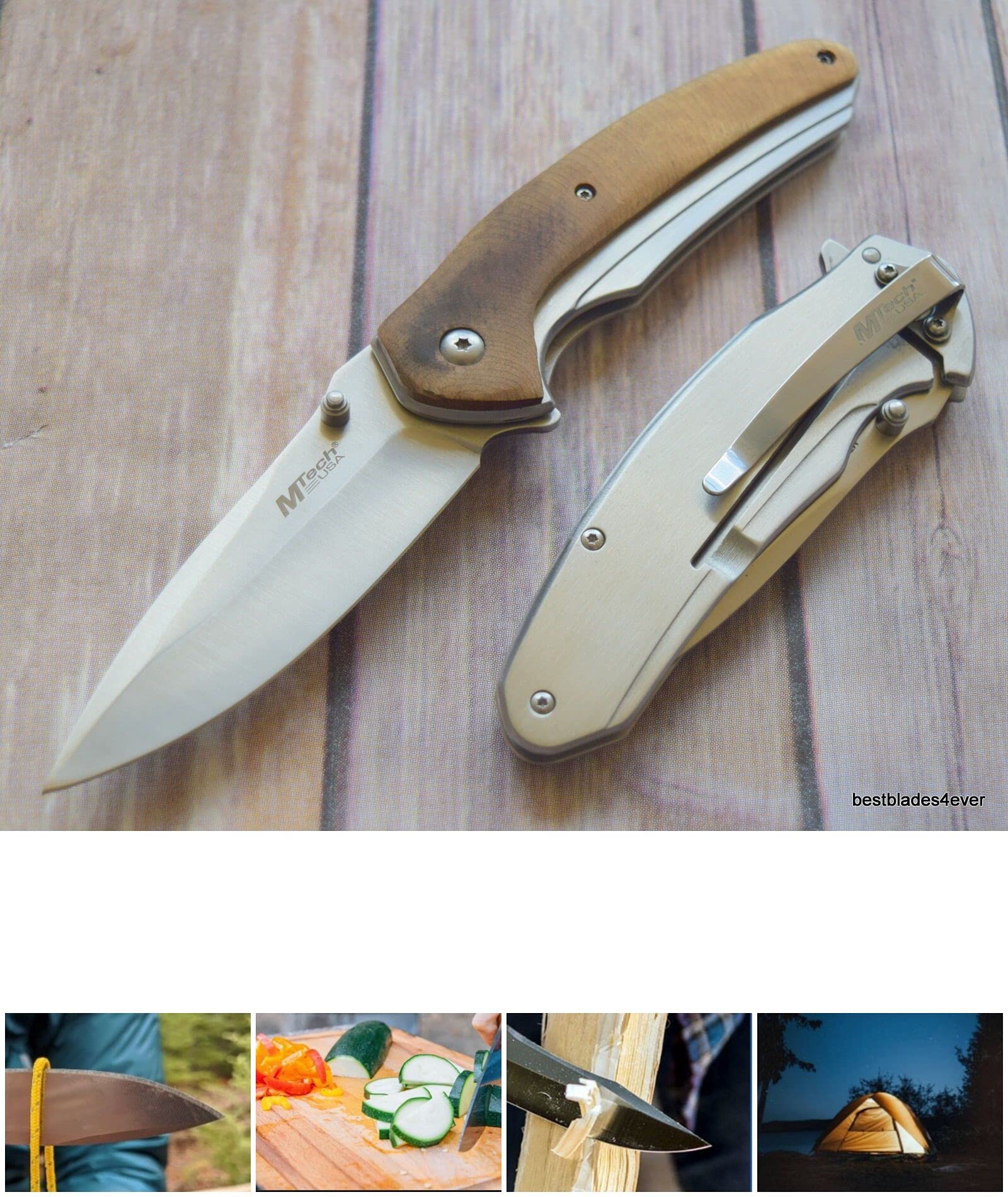 8.25 Inch Mtech Burl Wood Handle Framelock Open Folding Pocket Knife - 3 Pcs Combo Outdoor Survival Hunting Knife for Camping by Survival Steel