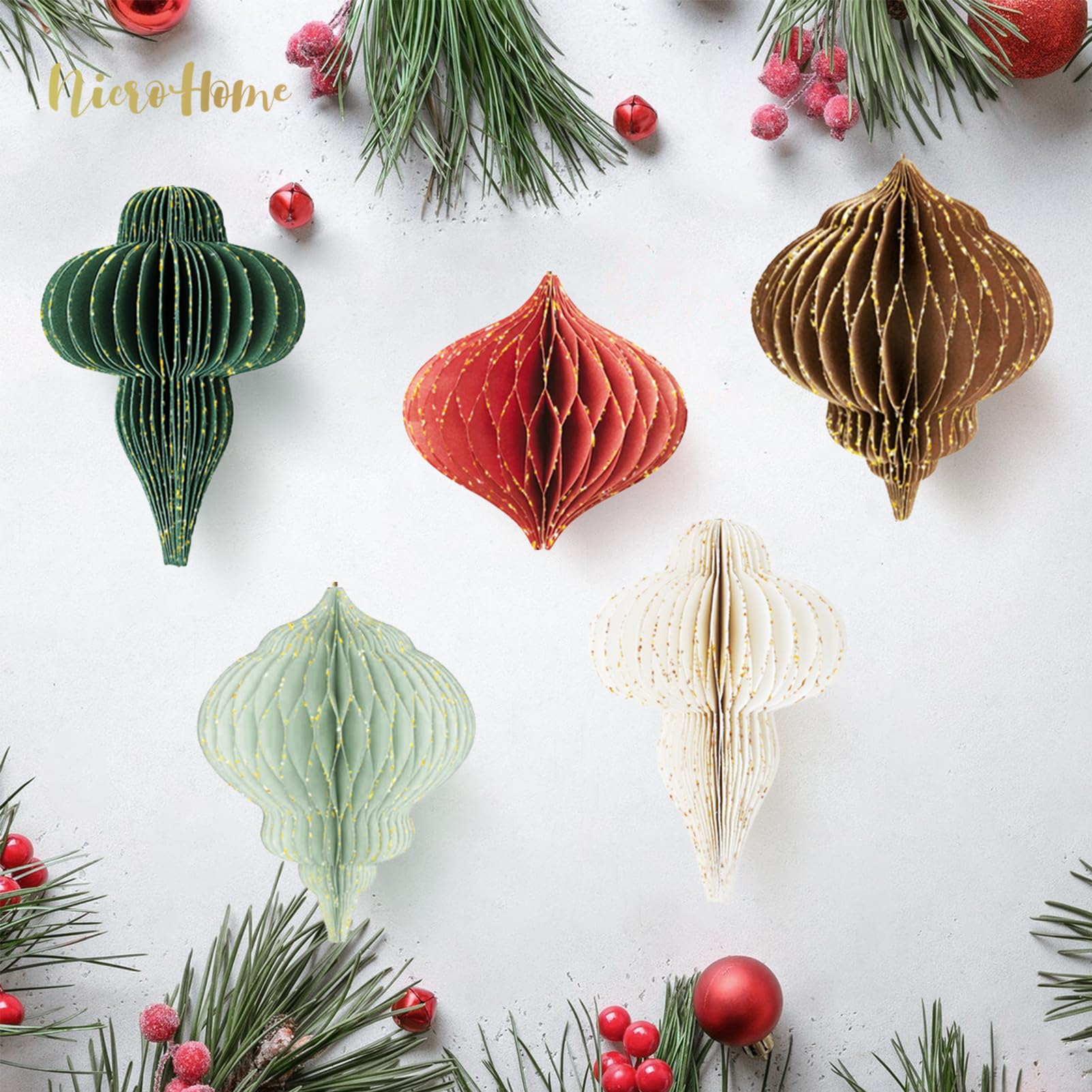 NICROHOME Christmas Party Decorations - 5 PCS 3D Mini Glitter Edge Paper Honeycomb Ornament, Green, Red, Brown Hanging Ornament for Christmas Tree Decorations, New Years Eve Party