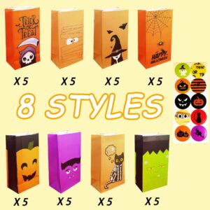 ULXAODB Halloween Trick or Treat Goody Bags, 40Pcs Treat Goodie Bags,8 Styles Treat Bags Bulk Party Favors with 50 Pieces Stickers for Halloween Party Supplies