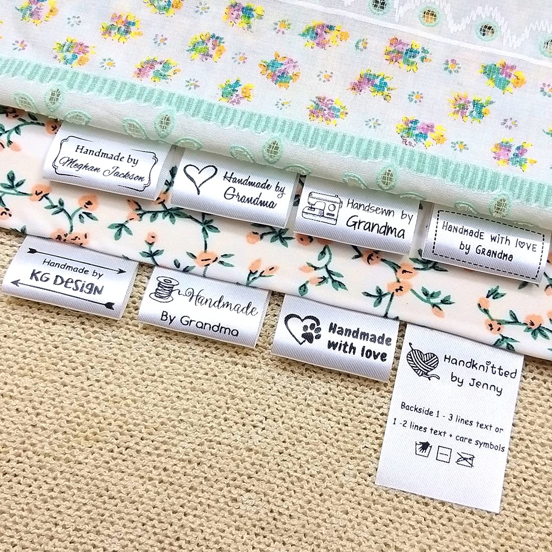 Set of 100pcs Personalized Sewing Label Custom Fabric Clothing Tags Handmade with Love Design Your Logo Silky Satin Sewing tag Hanging Folding tag sew in Label fold Over Labels, Black, White