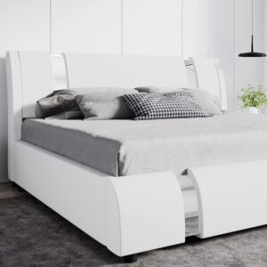 sha cerlin queen platform bed frame with iron pieces decor and adjustable headboard/deluxe upholstered modern bed with solid wooden slats support/no box spring needed, white